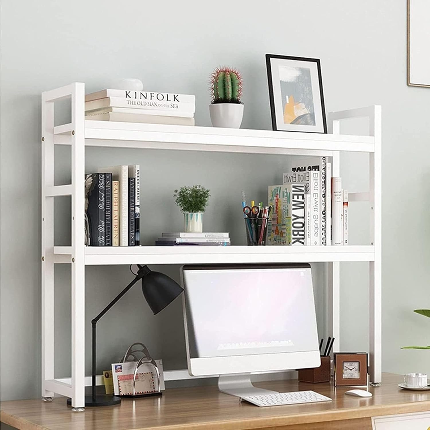 Amazon.com: Adjustable Countertop Hutch Bookshelf - 2 Layer Desktop ...