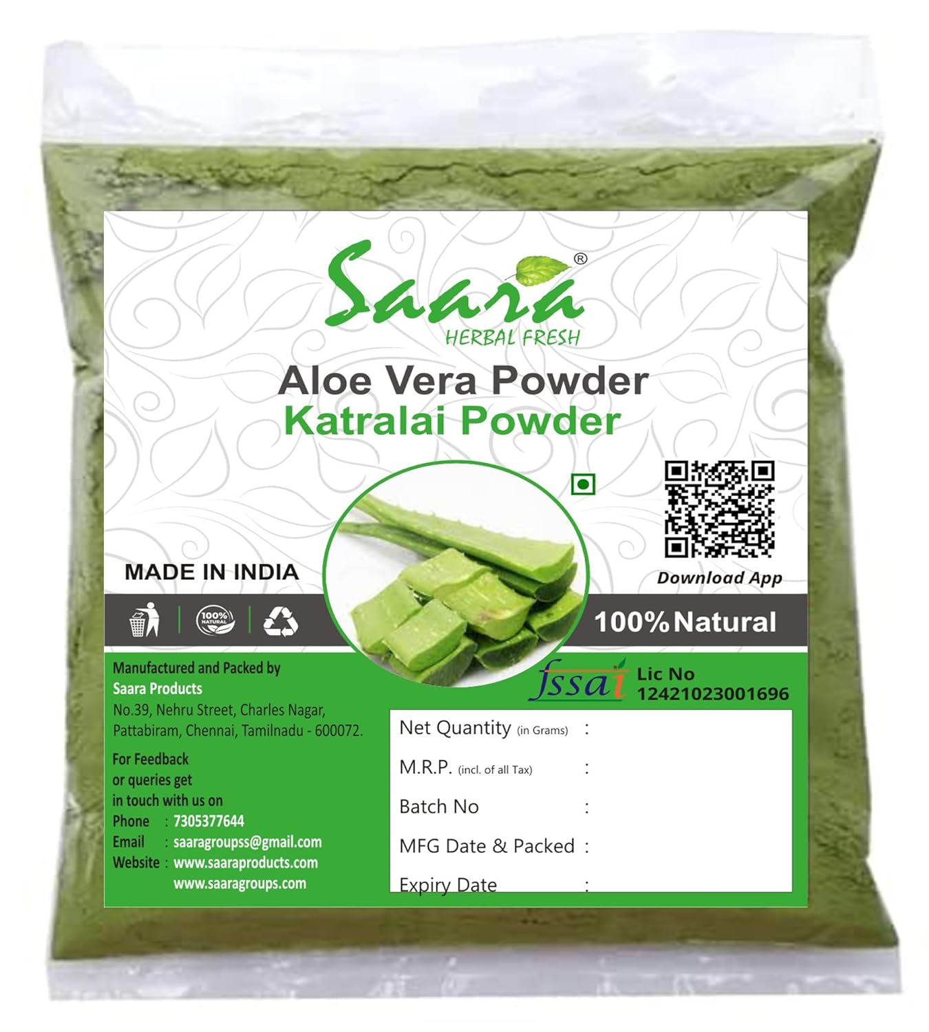 Saara HERBAL FRESH Aloe Vera Powder, 101g, Katralai, Aloe Barbadensis ...