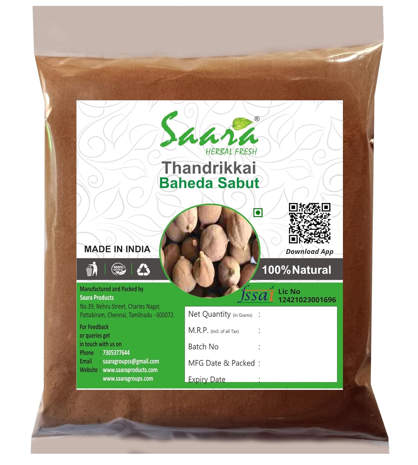 Buy Saara HERBAL FRESH Thandrikkai Powder, 100g, Bahera, Beleric ...