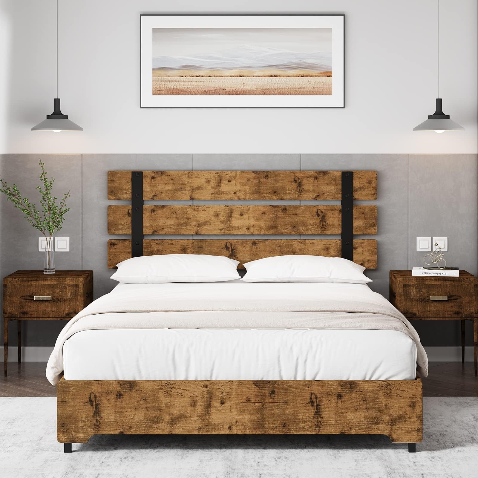 Amazon.com: Queen Bed Frame with 4 Storage Drawers, Rustic Wooden ...