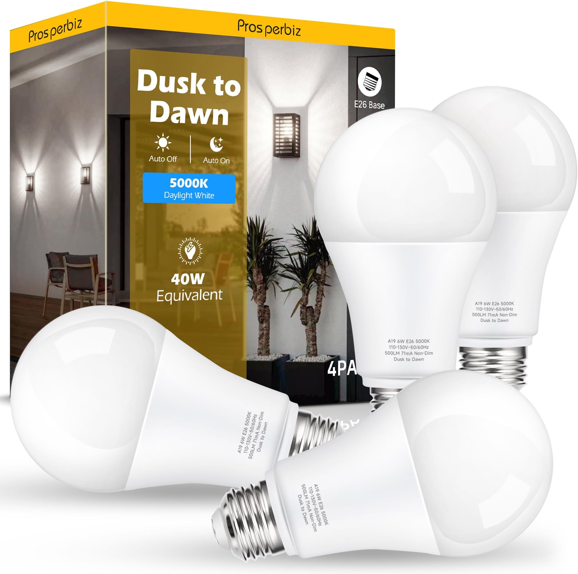 Dusk to Dawn Light Bulbs Outdoor, 40W Equivalent A19 Auto On Off LED ...