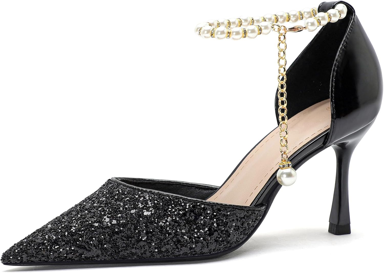 Qynthra Glitzer Stiletto Pumps Mit Spitze Perlen Knöchelriemen Schwarz ...