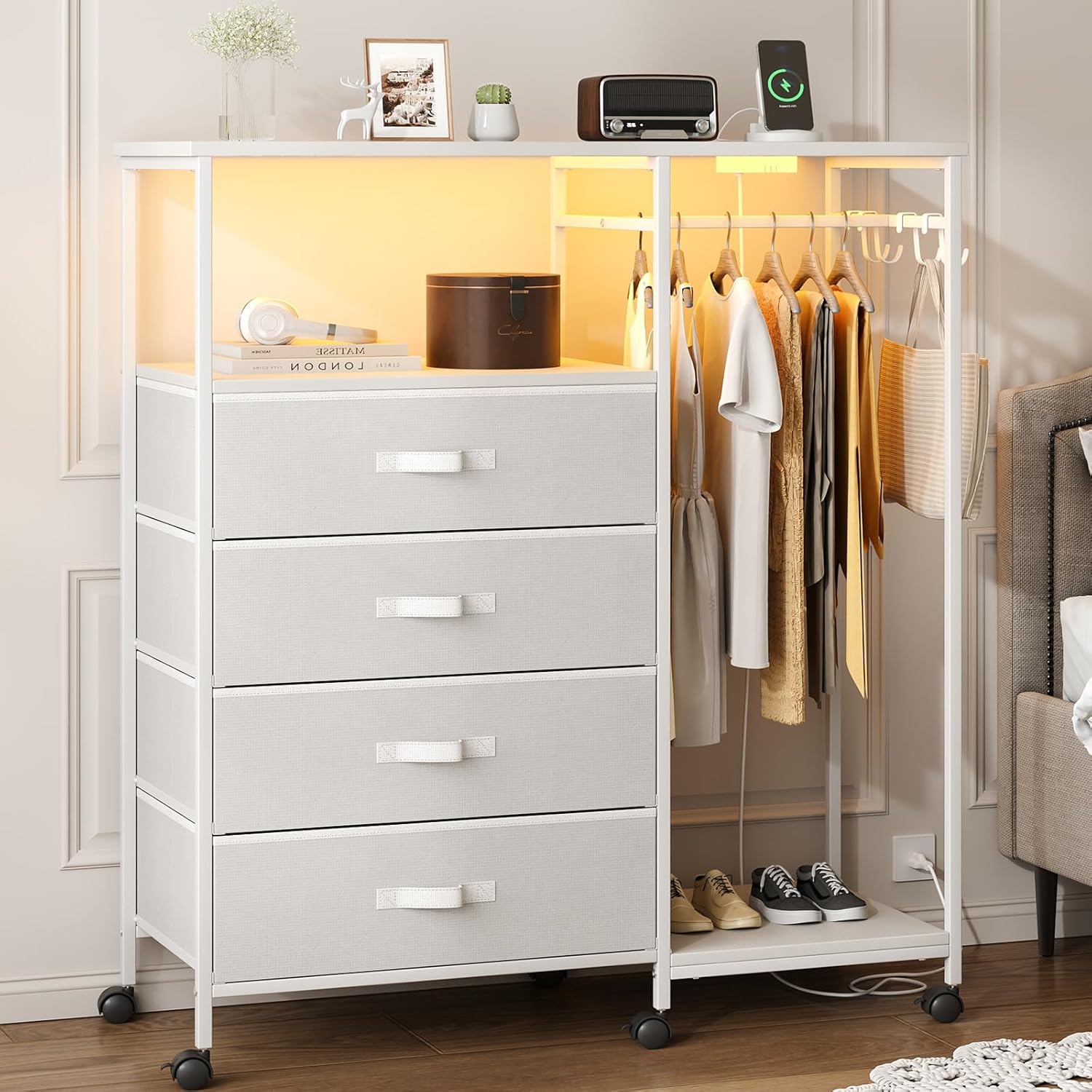 Amazon.com: Seeday Fabric Dresser with Clothes Rack, 4 Drawers Dresser ...