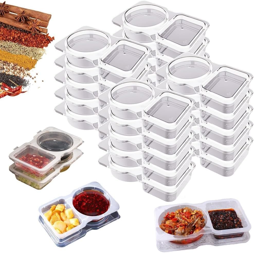 Reusable Snack Double Compartment Condiment Containers with Lid, 2 ...