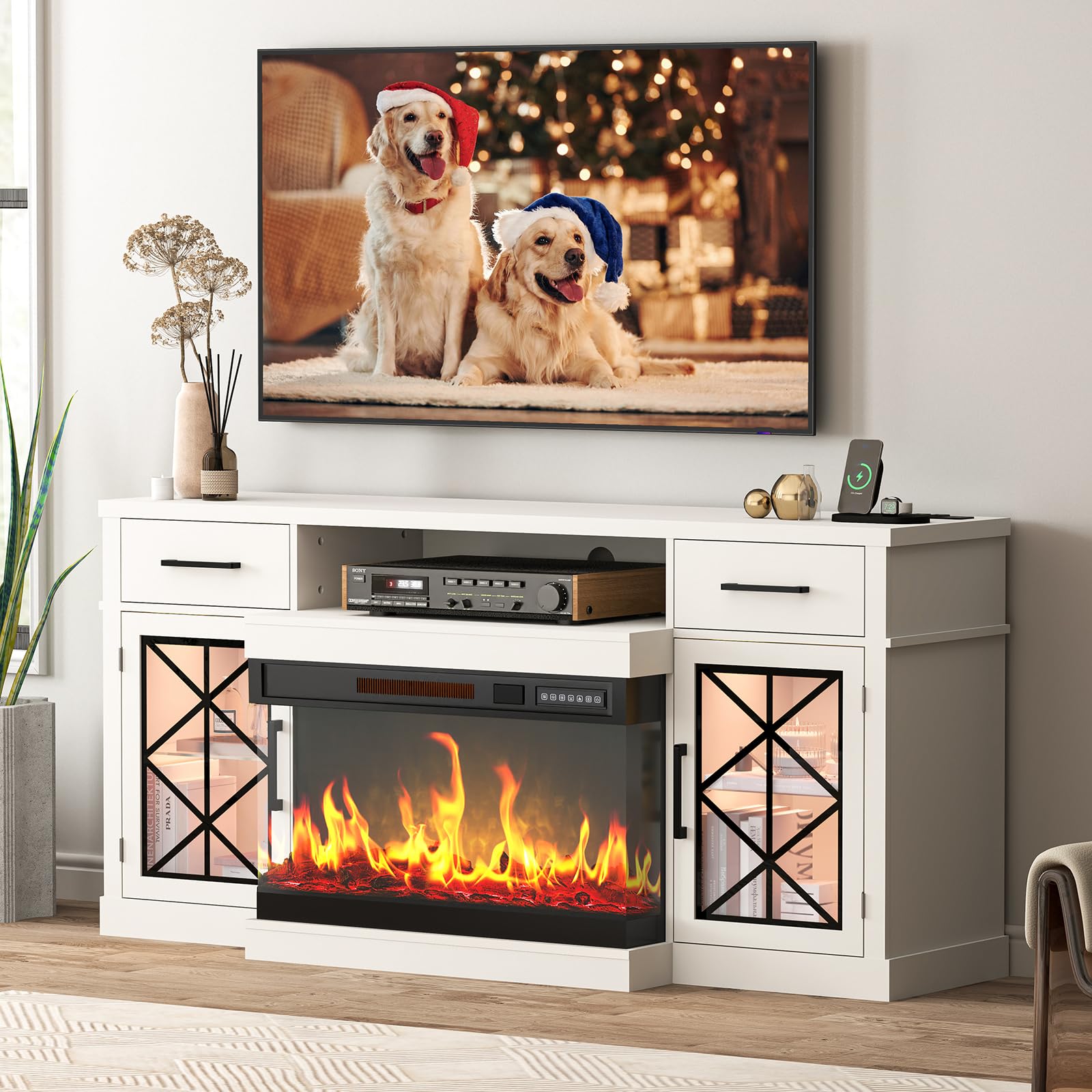 Amazon.com: Eueiriup 3-Sided Glass Electric Fireplace TV Stand for TVs ...
