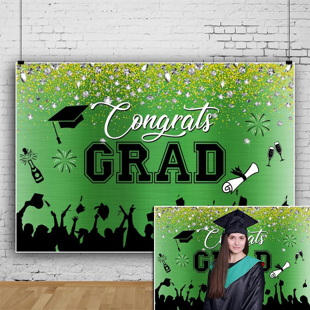 Amazon.com : Leowefowa Congrats Grad Backdrop 10x8ft Green Black Gold ...