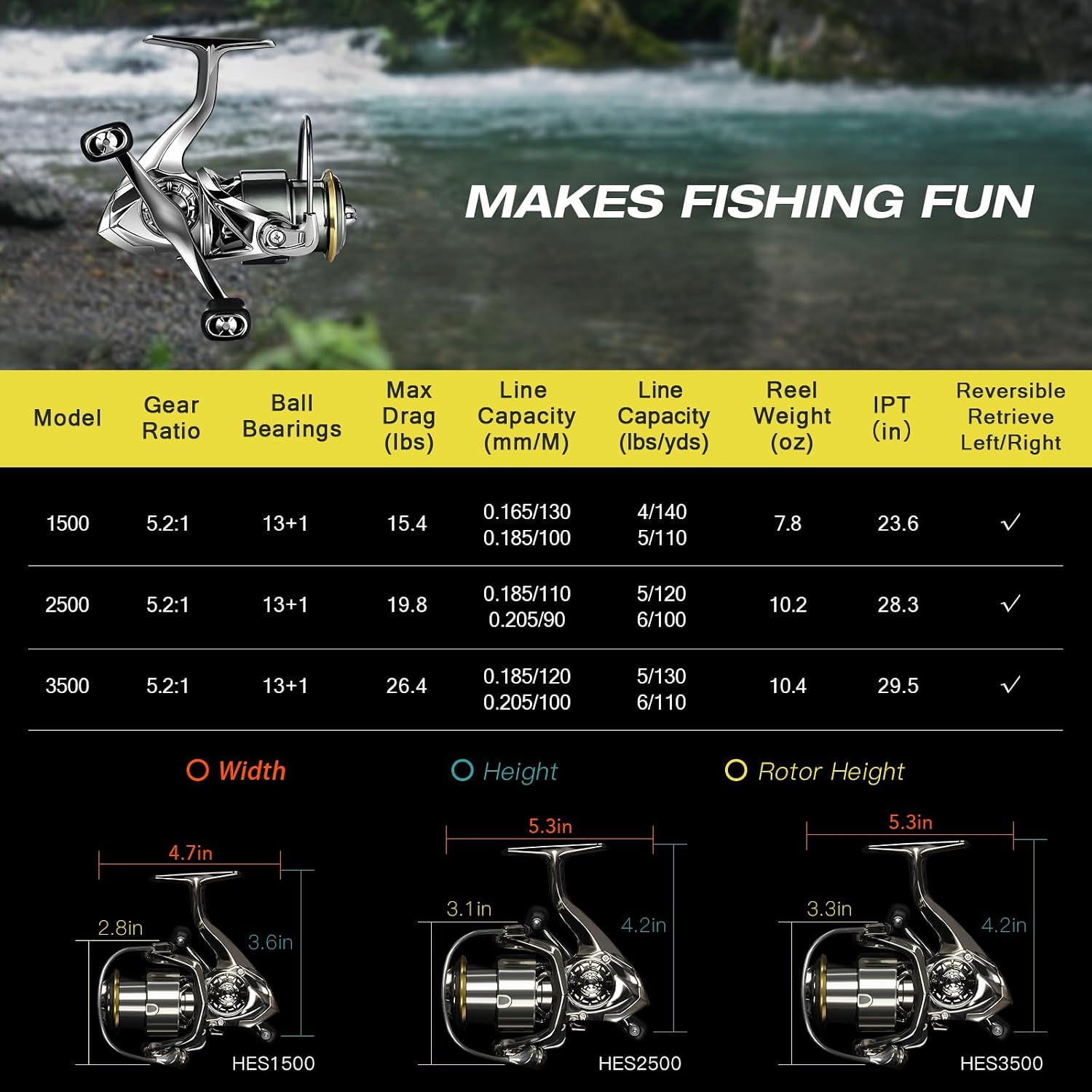 Spinning Fishing Reel size1500 2500 3500, 13+1 Stainless BB CNC ...