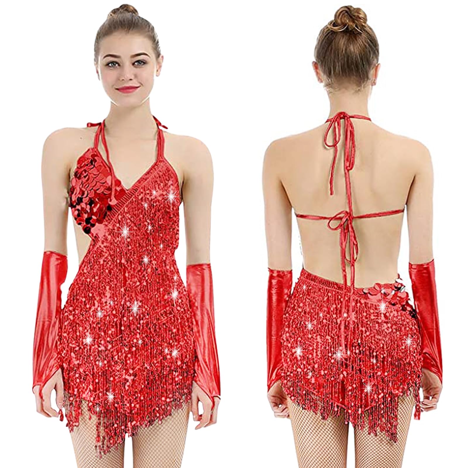 iMucci Fringe Dress Tassel Sequin Latin Dance Dress V-Neck Mini Dress ...
