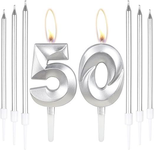 Silver 50th Birthday Cake Candles, 6pcs Long Candles, Decorations for ...
