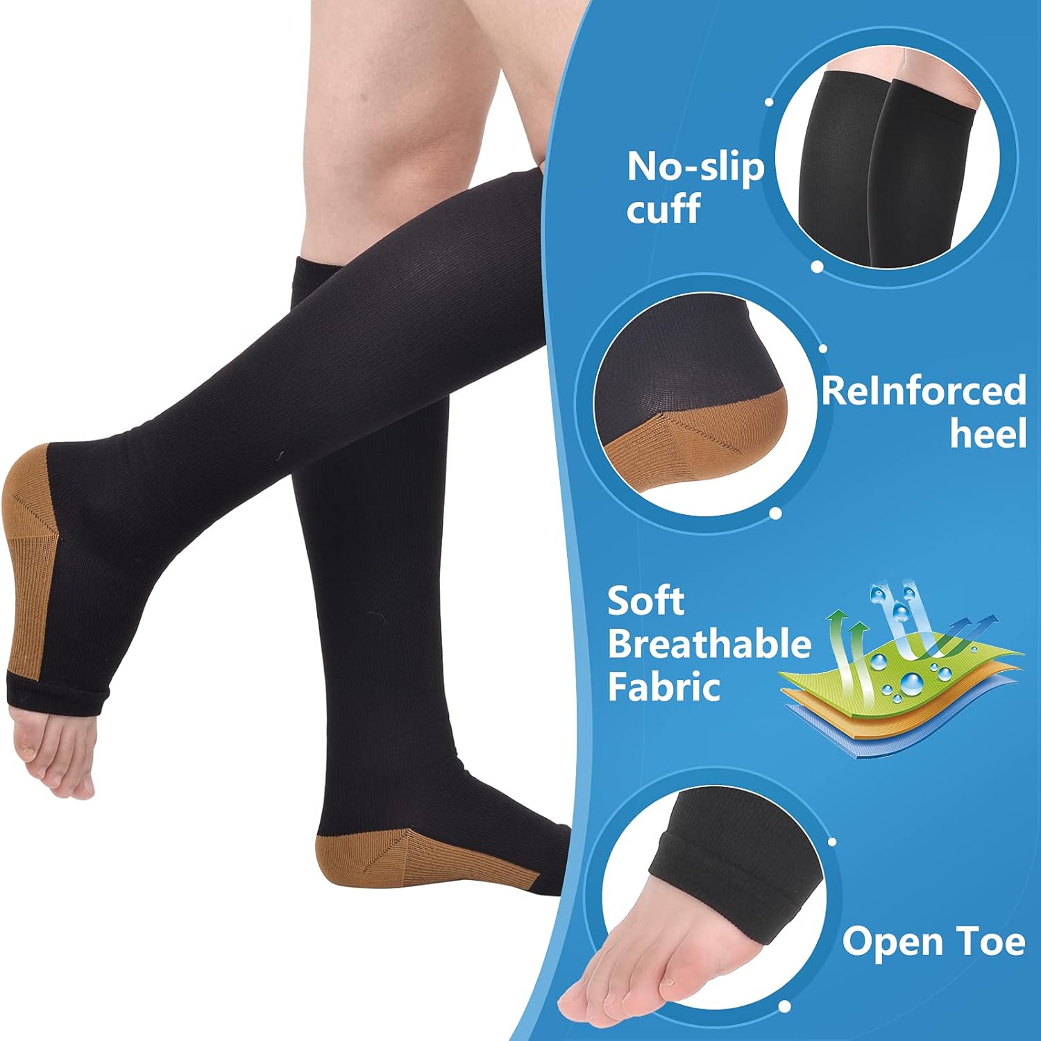 bropite Calcetines de compresión de punta abierta, 2 pares de ...