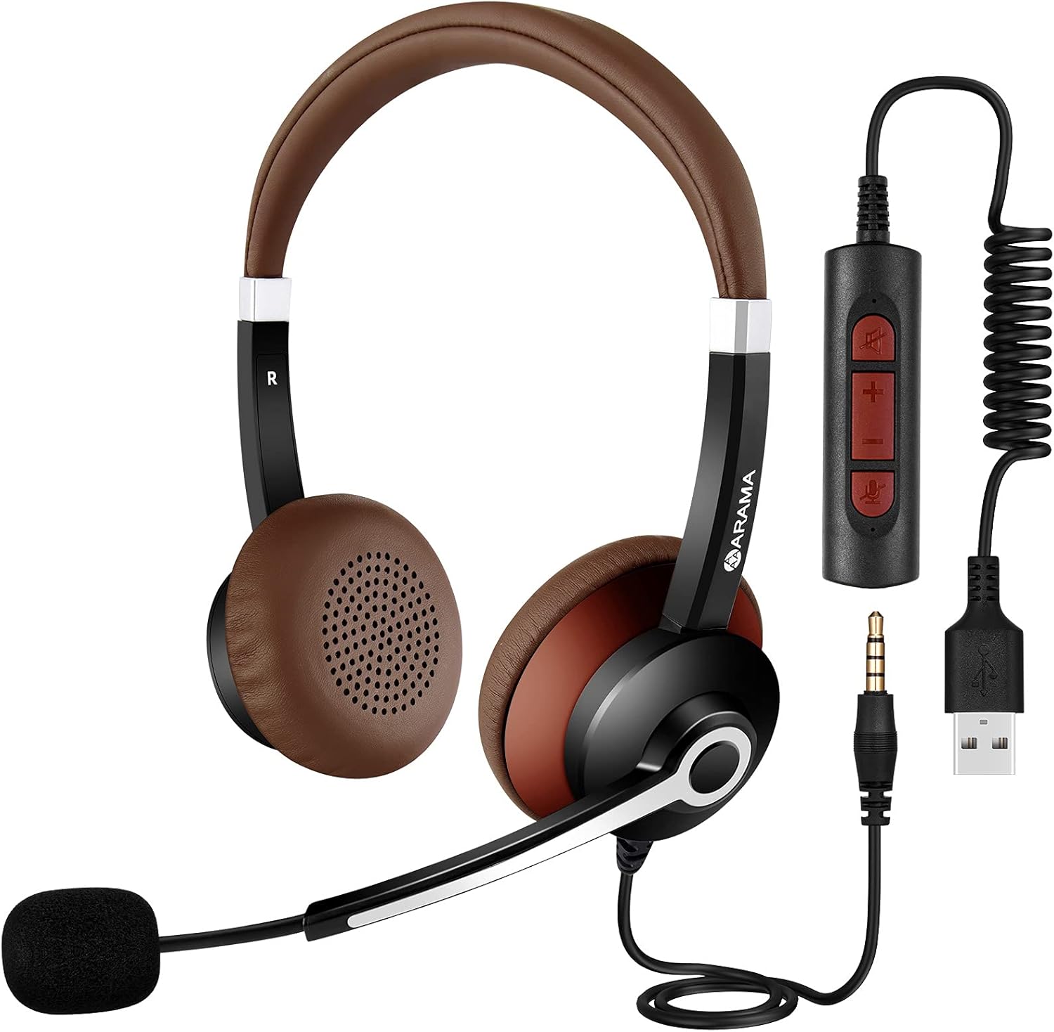 Arama USB Headset with Microphone, 3.5mm/USB 6.8ft Computer Headset ...