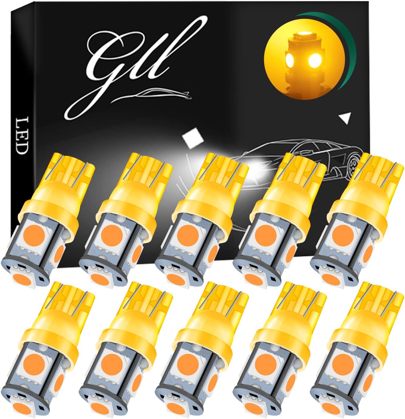 GLL 501 LED Bulbs, Amber Yellow W5W T10 LED Bulbs 5050 5 SMD 120 Lumens ...