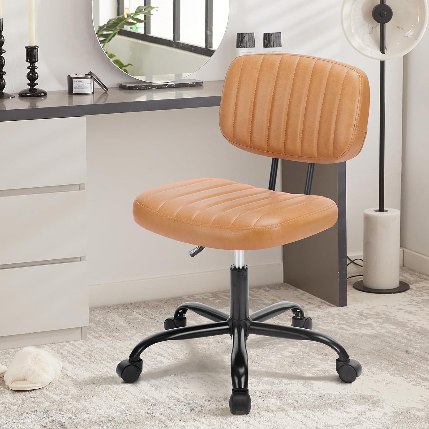 SMUG Small Armless Office Chair: Brown PU Leather Small Desk Chair ...