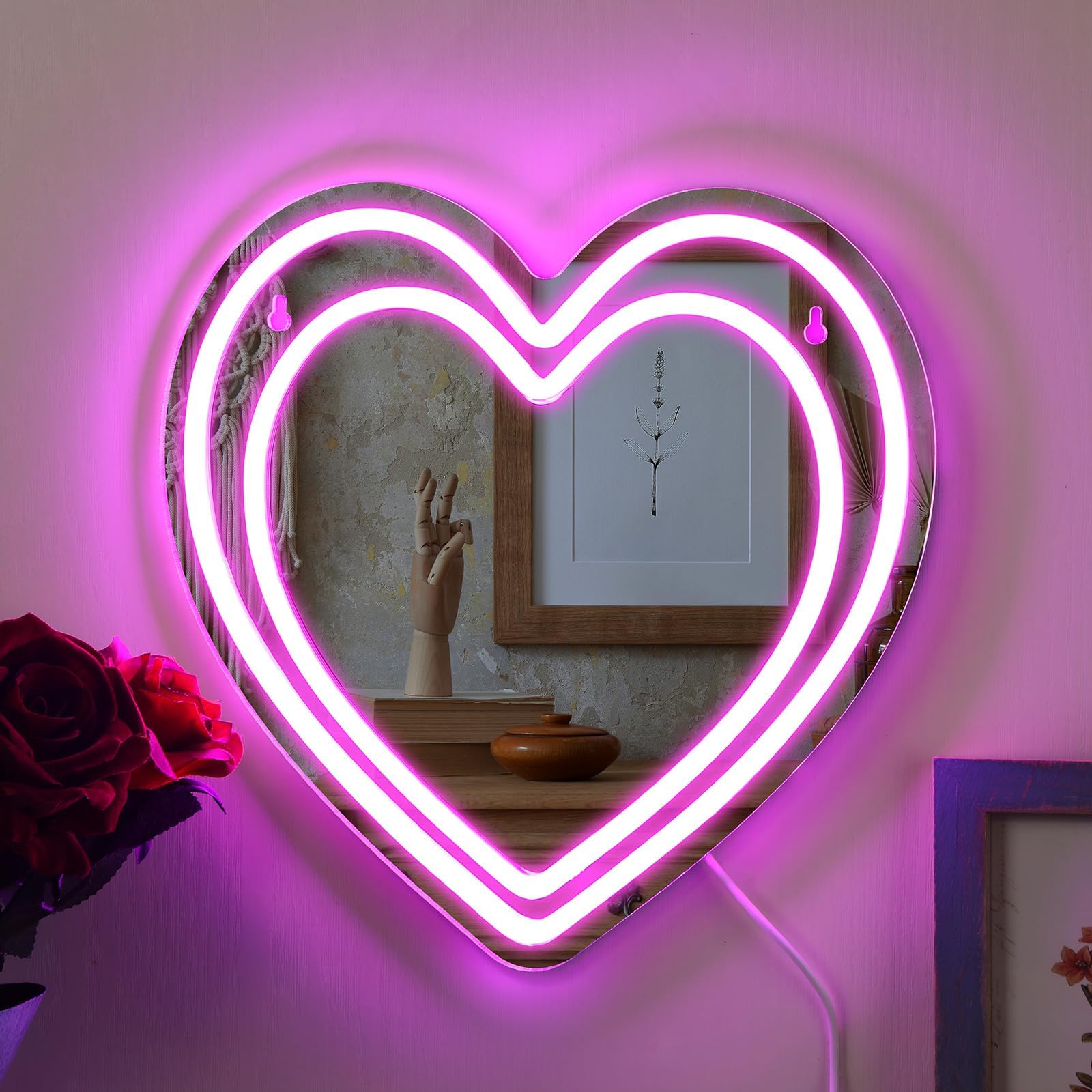 Chitidr Pink Heart Neon Mirror LED Light Sign Neon Wall Art Sign Love ...