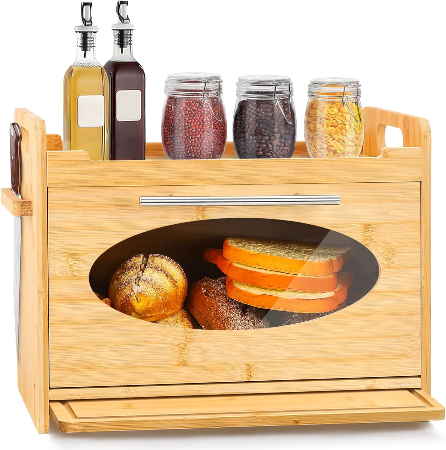 ONUEMP Wooden Bread Bins for Kitchen, Double Decker Bread Boards Wood ...