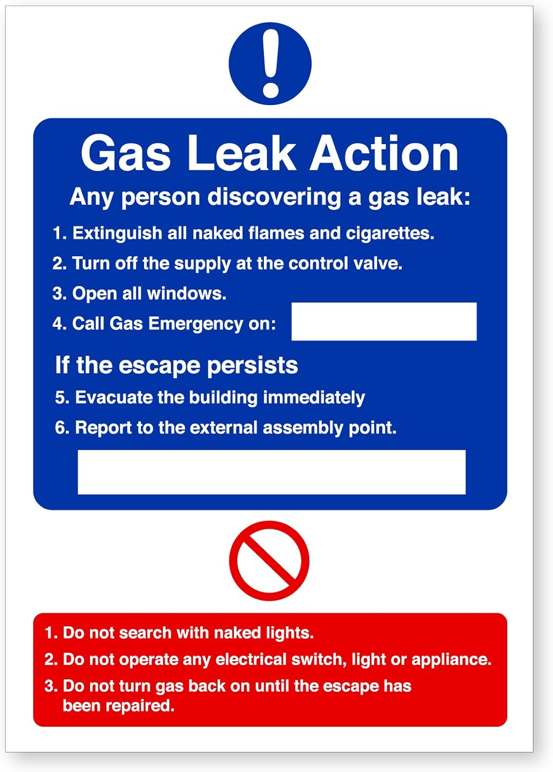 GAS LEAK ACTION- EMERGENCY INSTRUCTIONS STICKERS SAFETY BUSINESS A4 ...