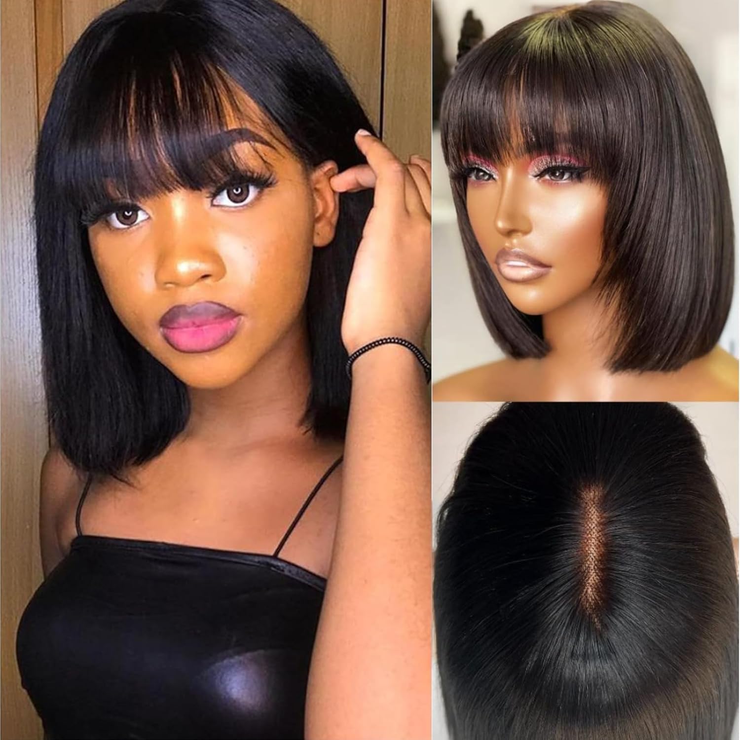 Amazon.com : Lace Wig Straight Short Bob Wig Human Hair Short Black Bob ...