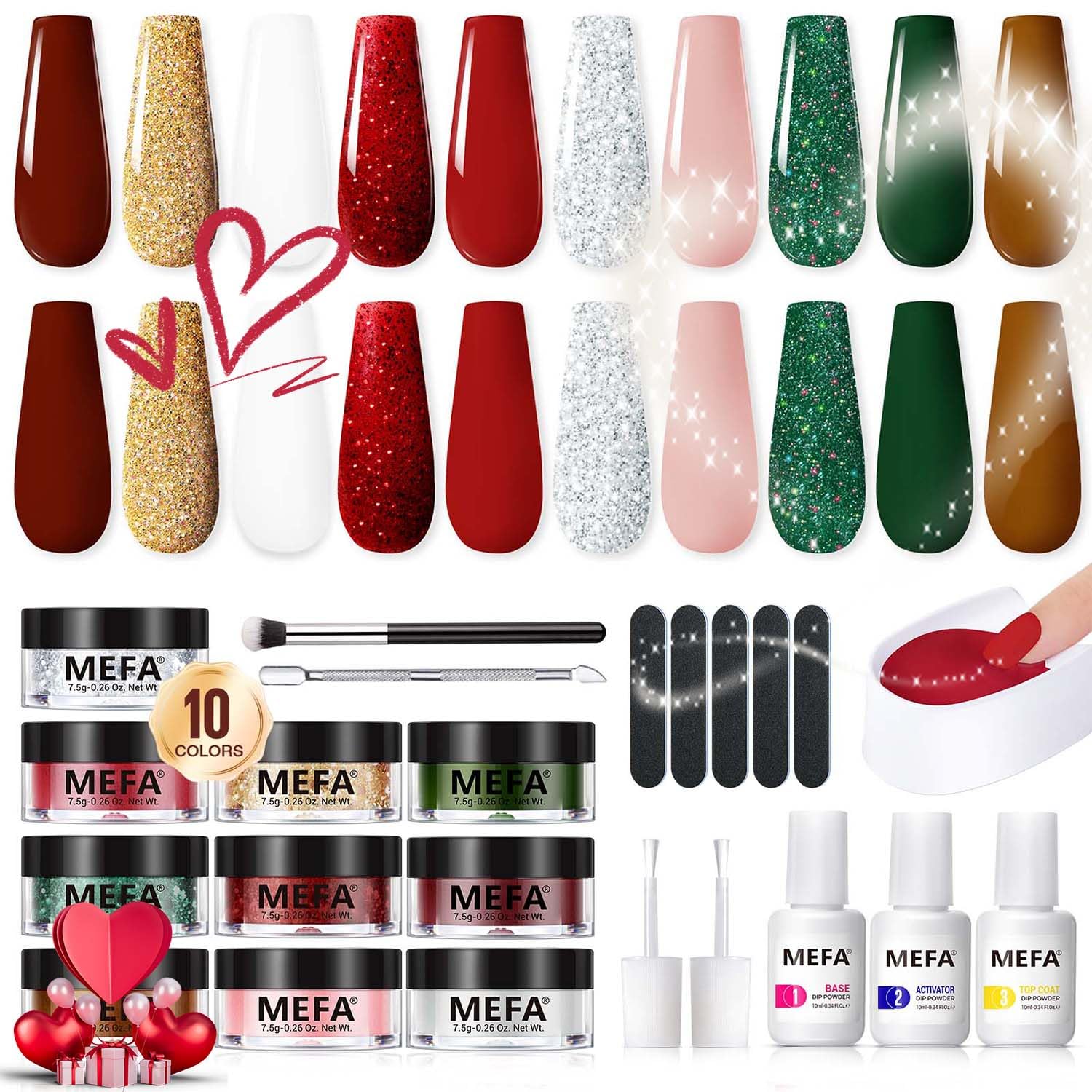 Amazon.com: MEFA Dip Powder Nail Kit Red Green Gold Silver White Brown ...