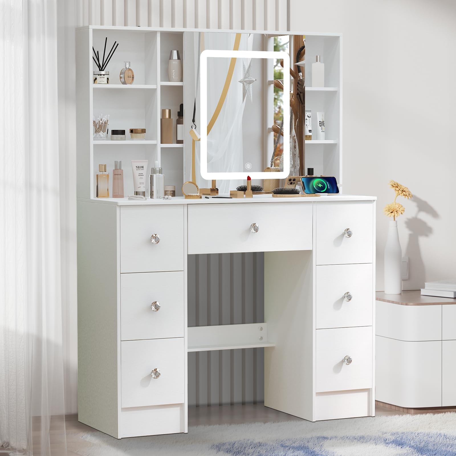 Amazon.com: White Vanity Desk with Mirror and Lights & Built-in Power ...