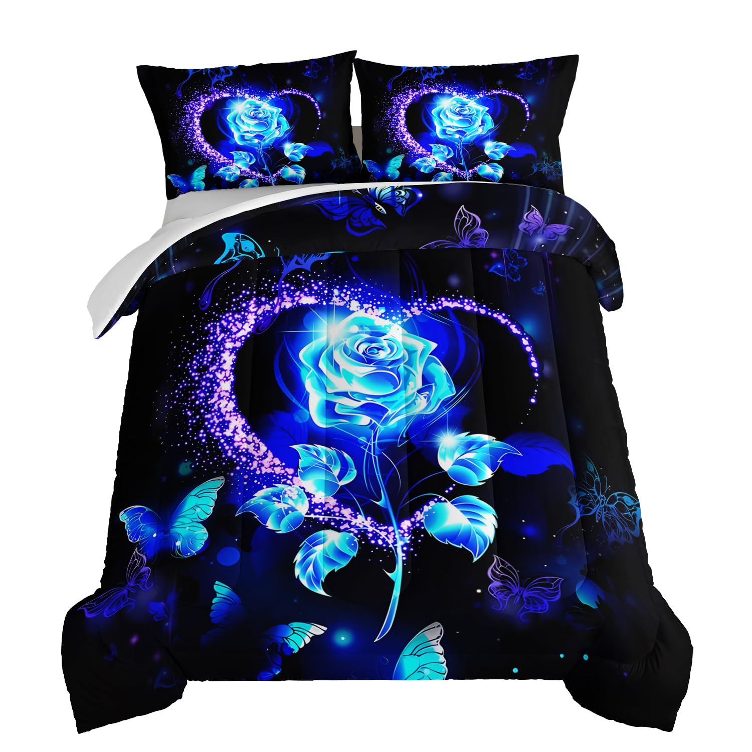 Amazon.com: HOSIMA Mystery Blue Rose Comforter Set Full Size,Romantic ...