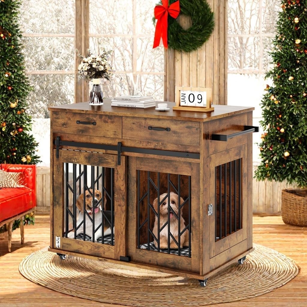 Amazon.com : DWVO Dog Crate Furniture for 2 Dogs, 39" Wooden Dog Kennel ...