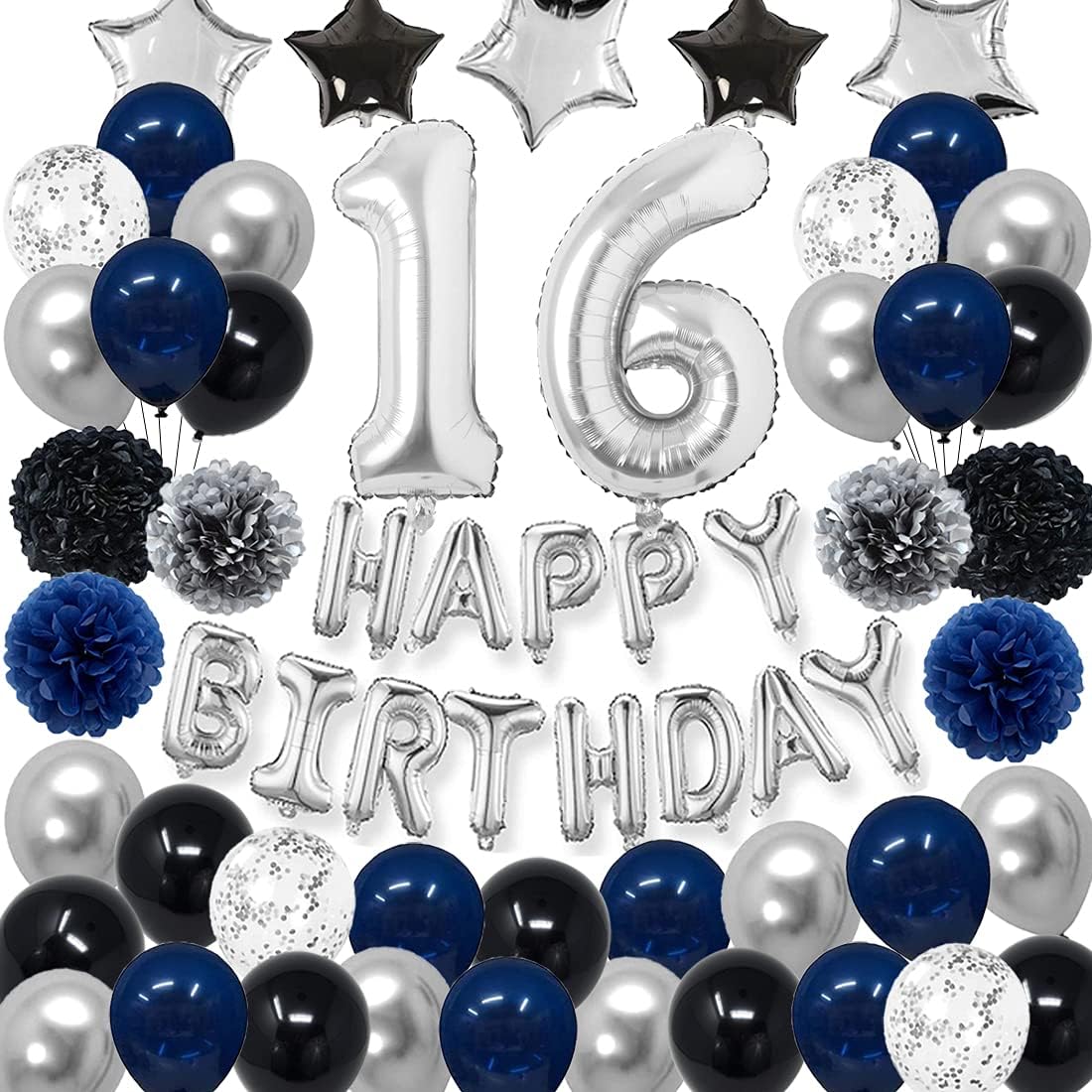 Amazon.com: RBYOO 16th Blue Birthday Decorations, Navy Blue Black ...