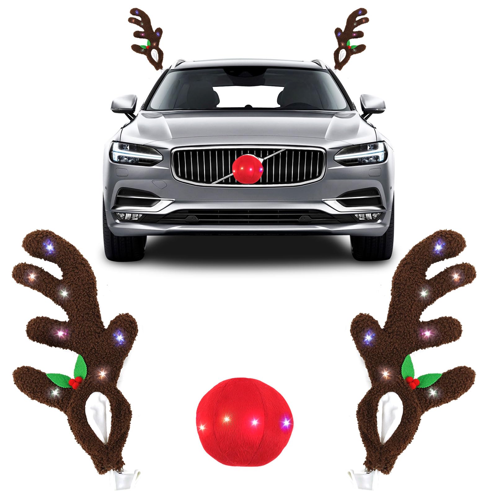 Christmas Car Reindeer Antlers & Nose Decorations, Led Reindeer Antlers ...