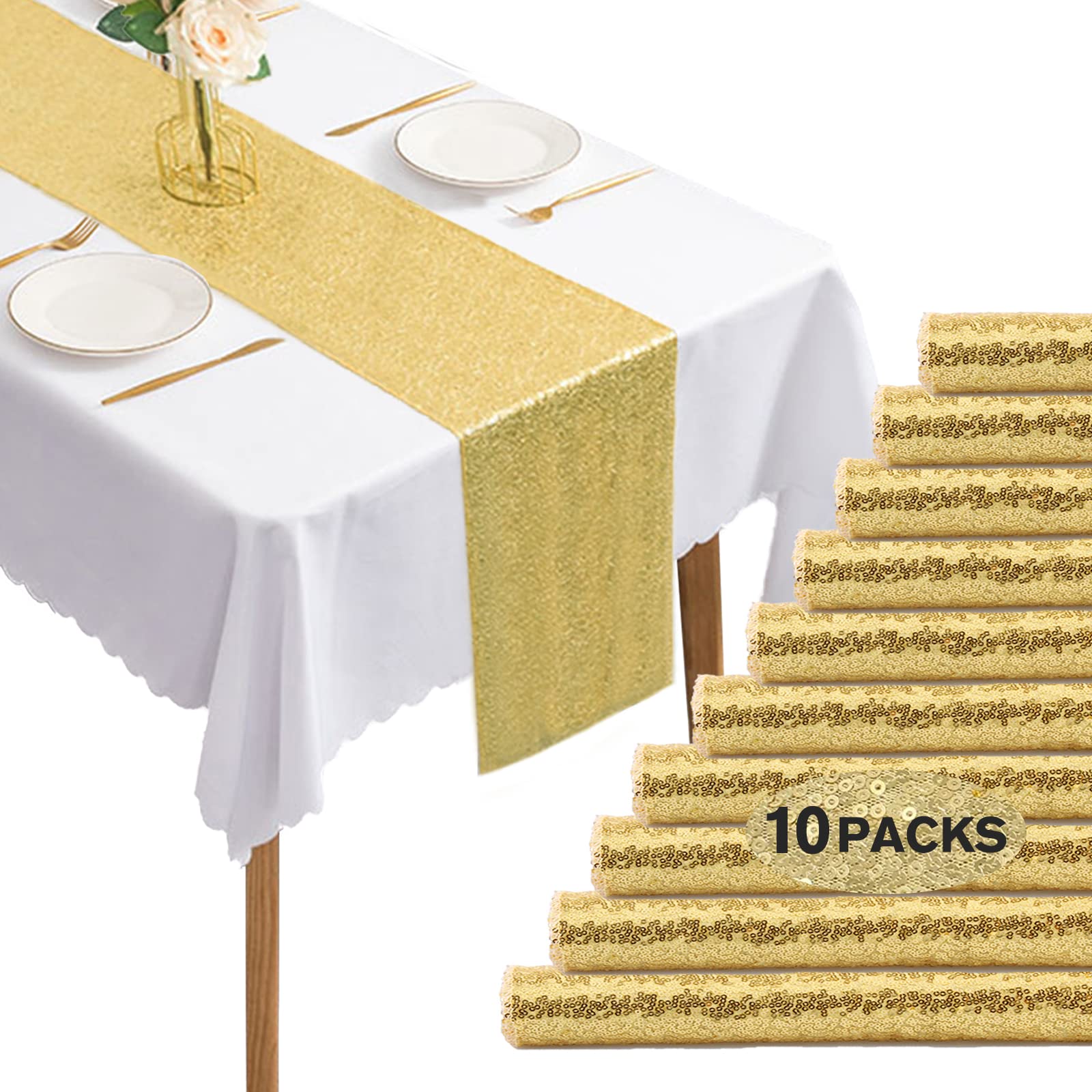 Kesfey 10 Packs 12x108 Inch Gold Sequin Table Runner Glitter Gold Table ...
