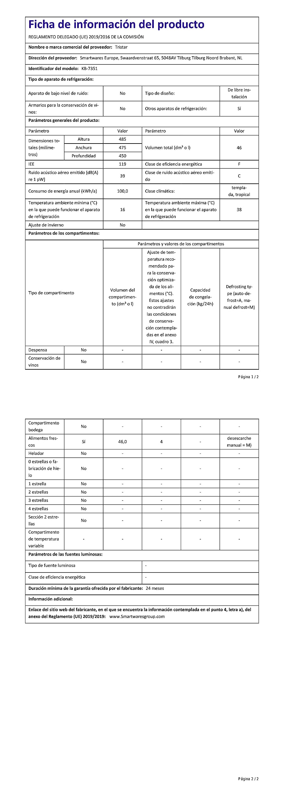 Tristar KB-7351 - Frigorífico - 46 litros - Clasificación energética A ...