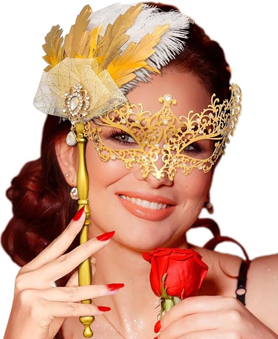 Amazon.com: Campsis Masquerade Mask with Stick Gold Venetian Mask ...