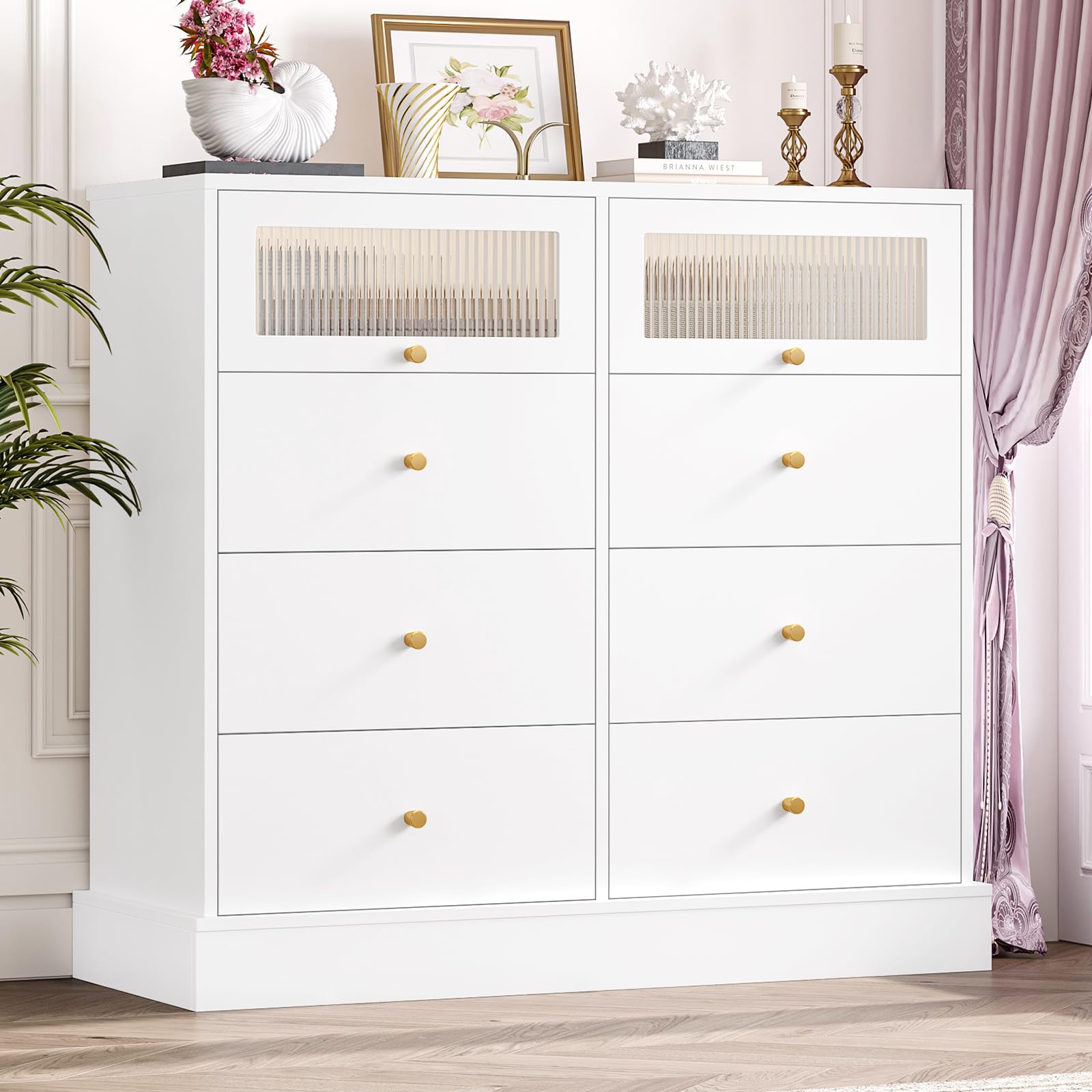 Amazon.com: FOTOSOK White Dresser, 8 Drawer Dresser with 2 Glass Doors ...