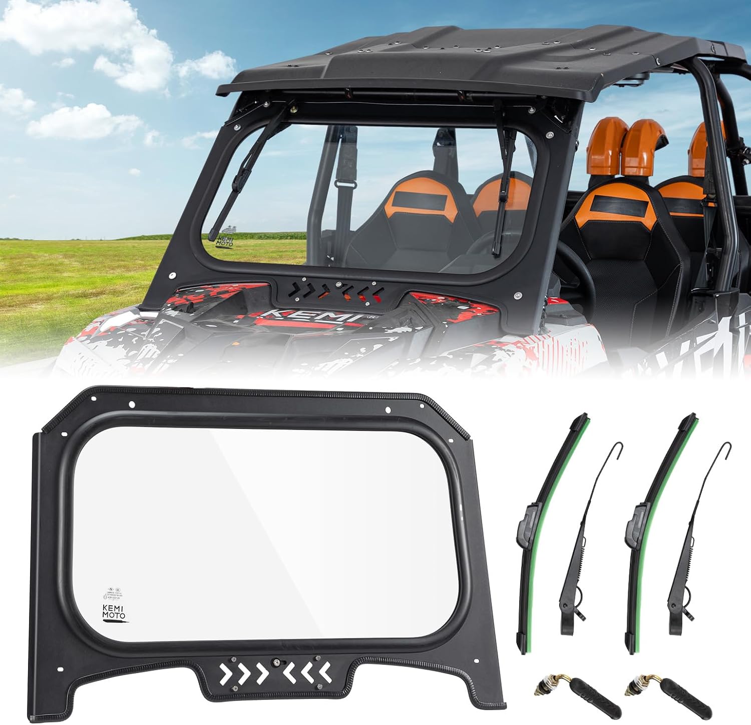 KEMIMOTO UTV Glass Windshield with 2 Manual Wipers Scratch Resistant ...