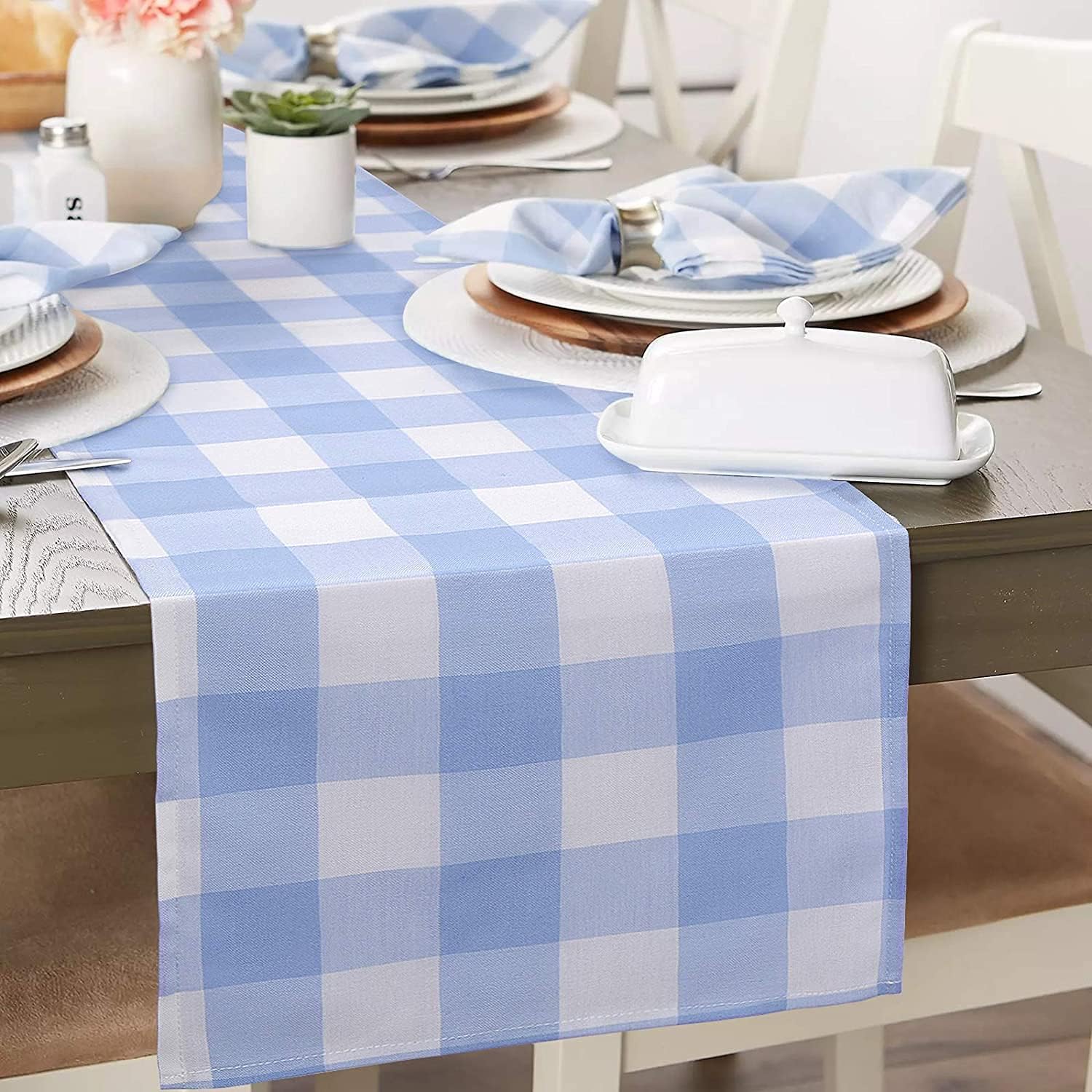Amazon.com: Efavormart Buffalo Plaid Table Runner | Blue / White ...