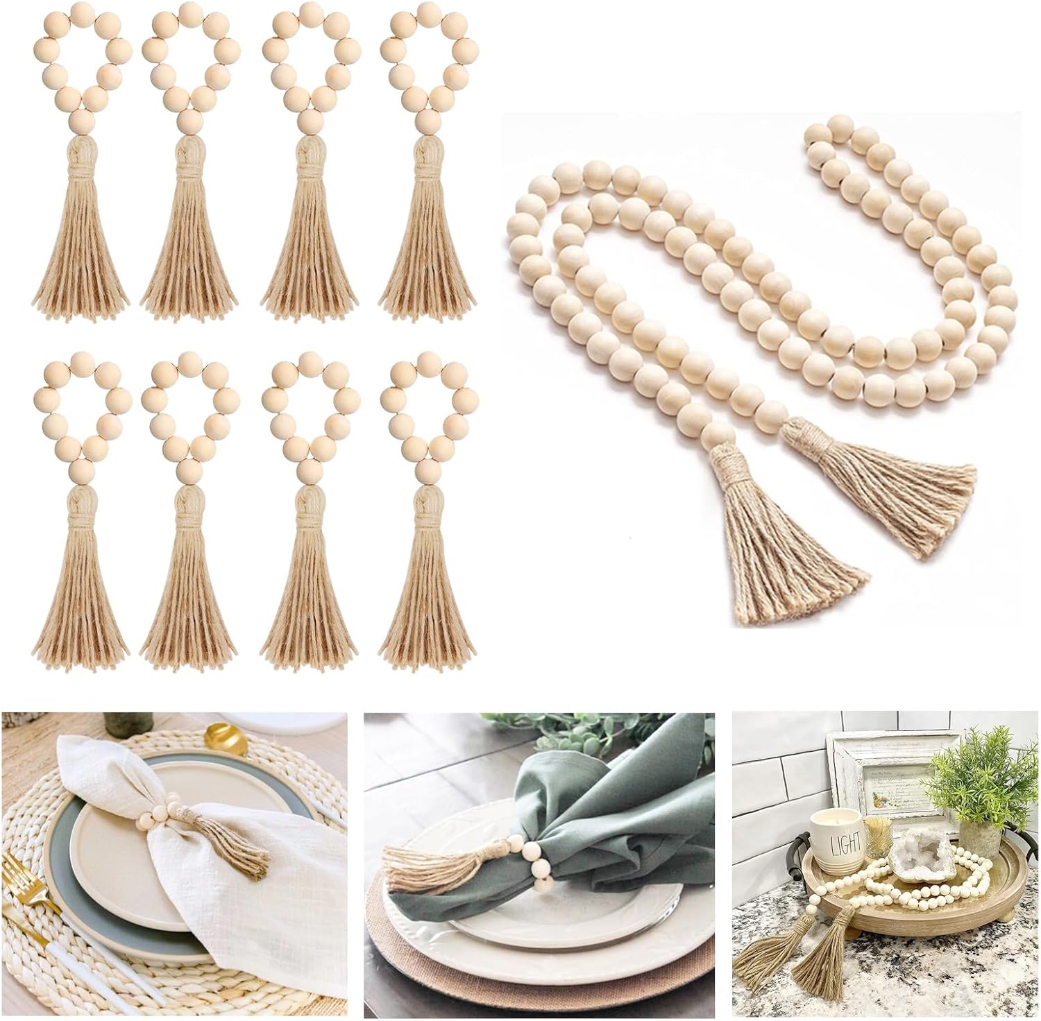 Amazon.com: Farmhouse Napkin Ring Set of 8,Sacwelber Wood Bead Napkin ...