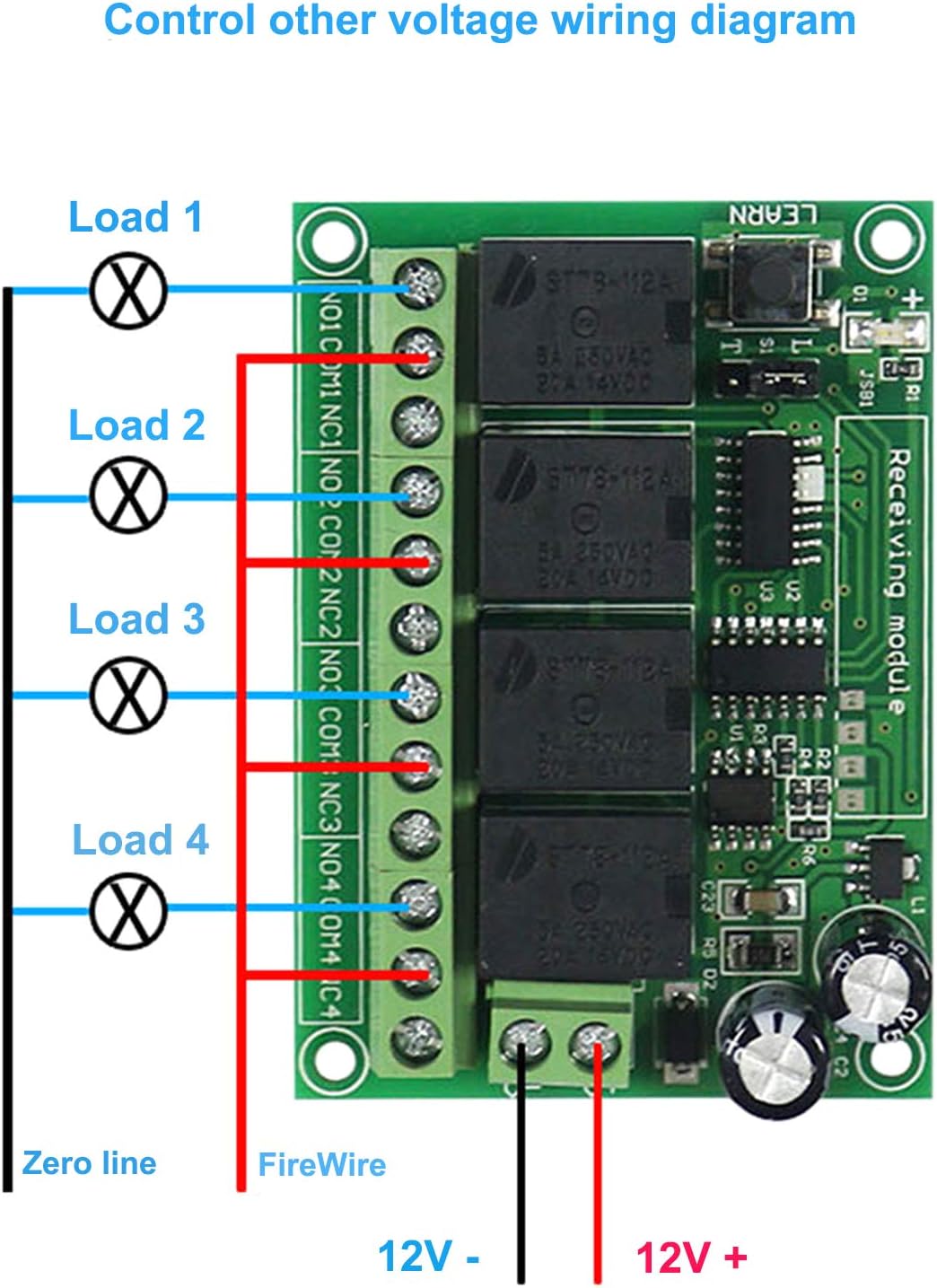 Radio remote control + receiver module, incl. 4-channel relay - 12V ...