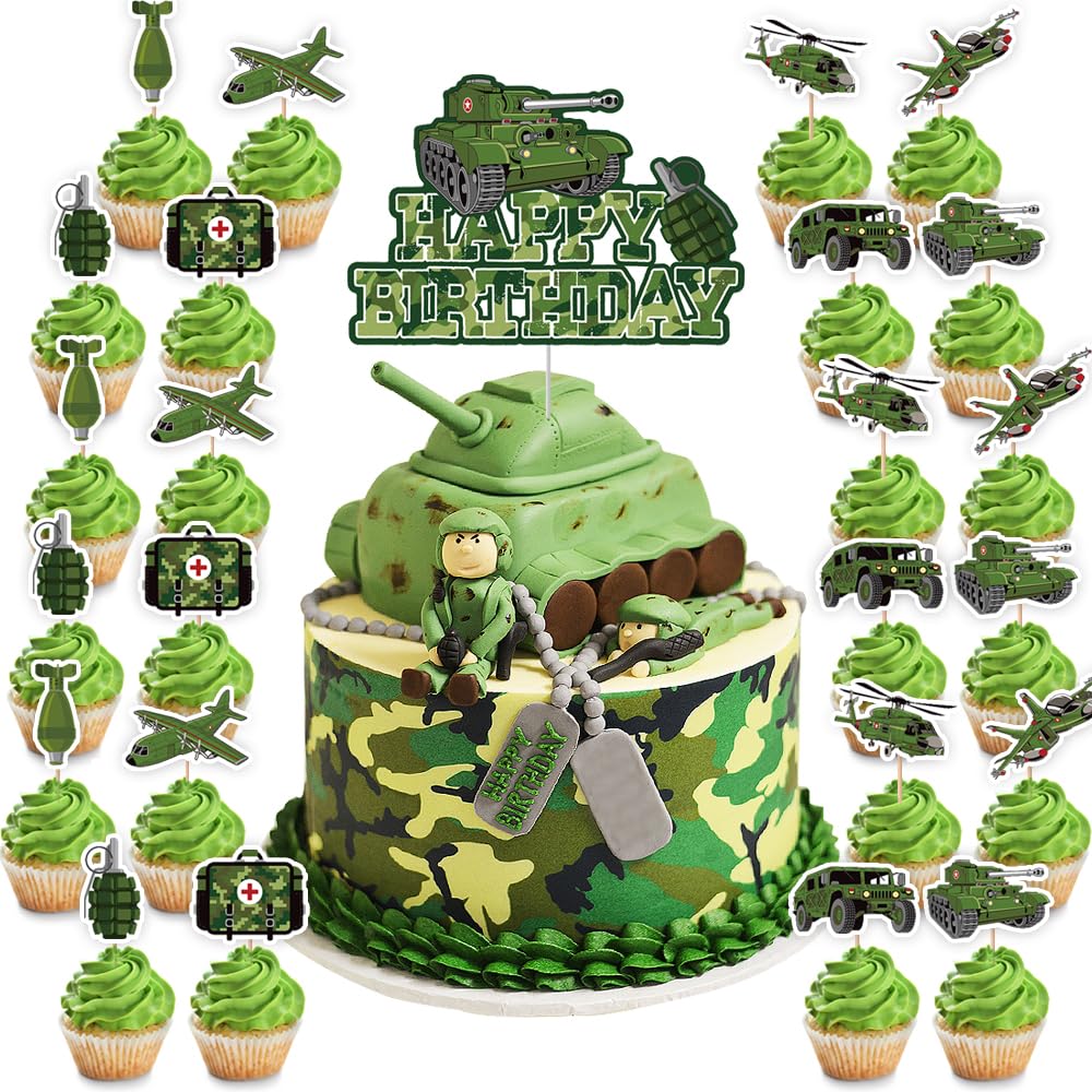 Camouflage Birthday Cake Topper, Green Camo Birthday Cupcake Topper ...