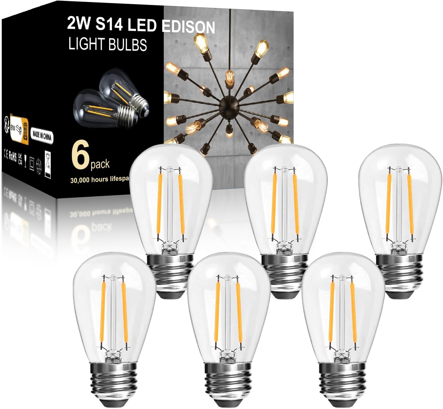 LangPlus+ 6 Pack 2W S14 LED Plastic Light Bulbs, E27 Base 2700K Warm ...