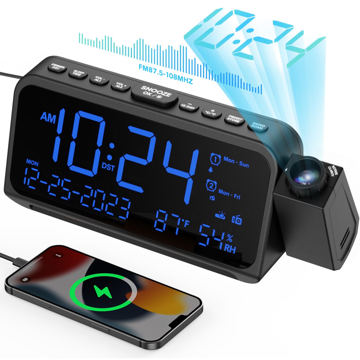 Projection Alarm Clocks Bedside, Digital Clock with Projector on ...
