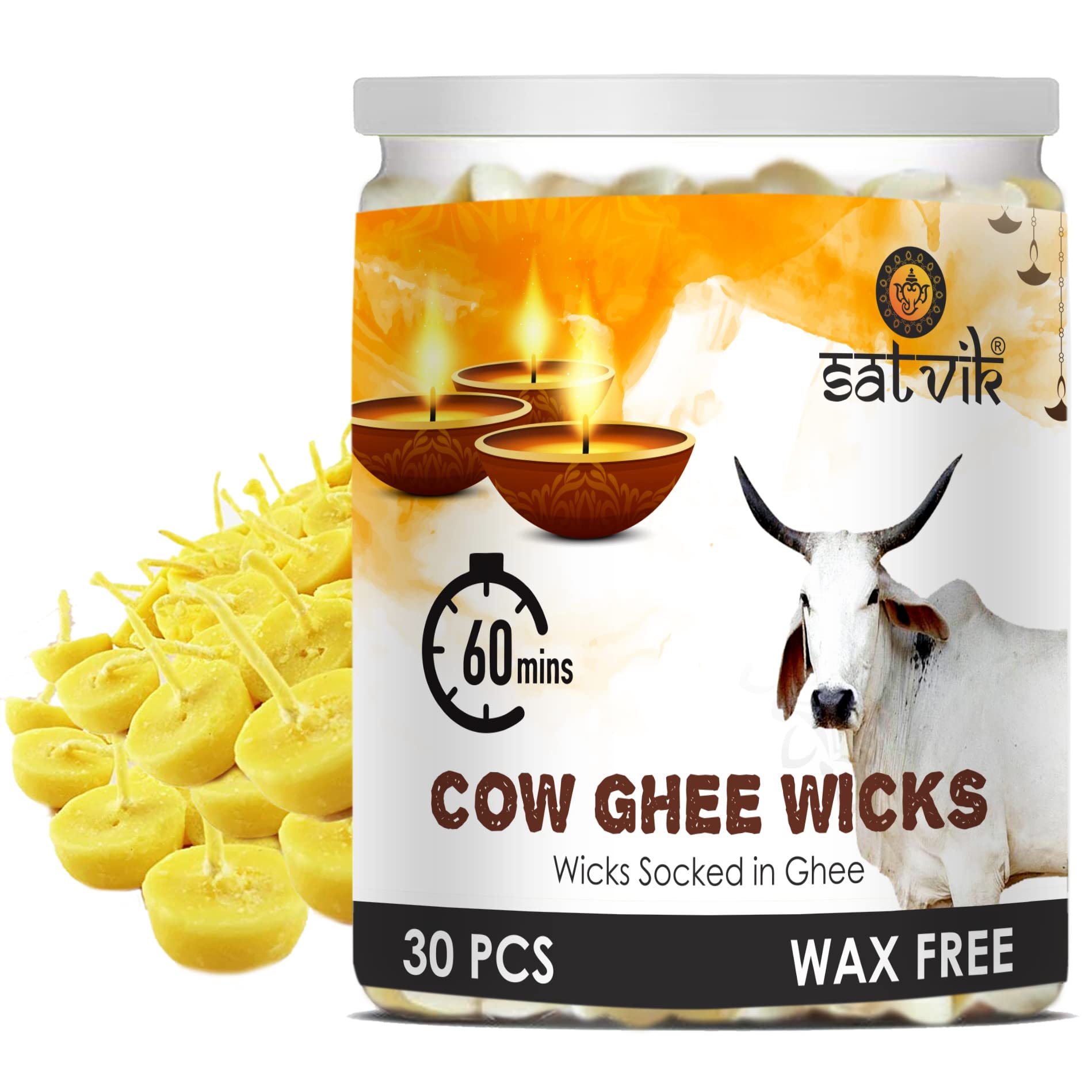 Buy SATVIK 30 Pc Pure Cow Ghee Wicks for Pooja 60 Min Burning Time Home ...