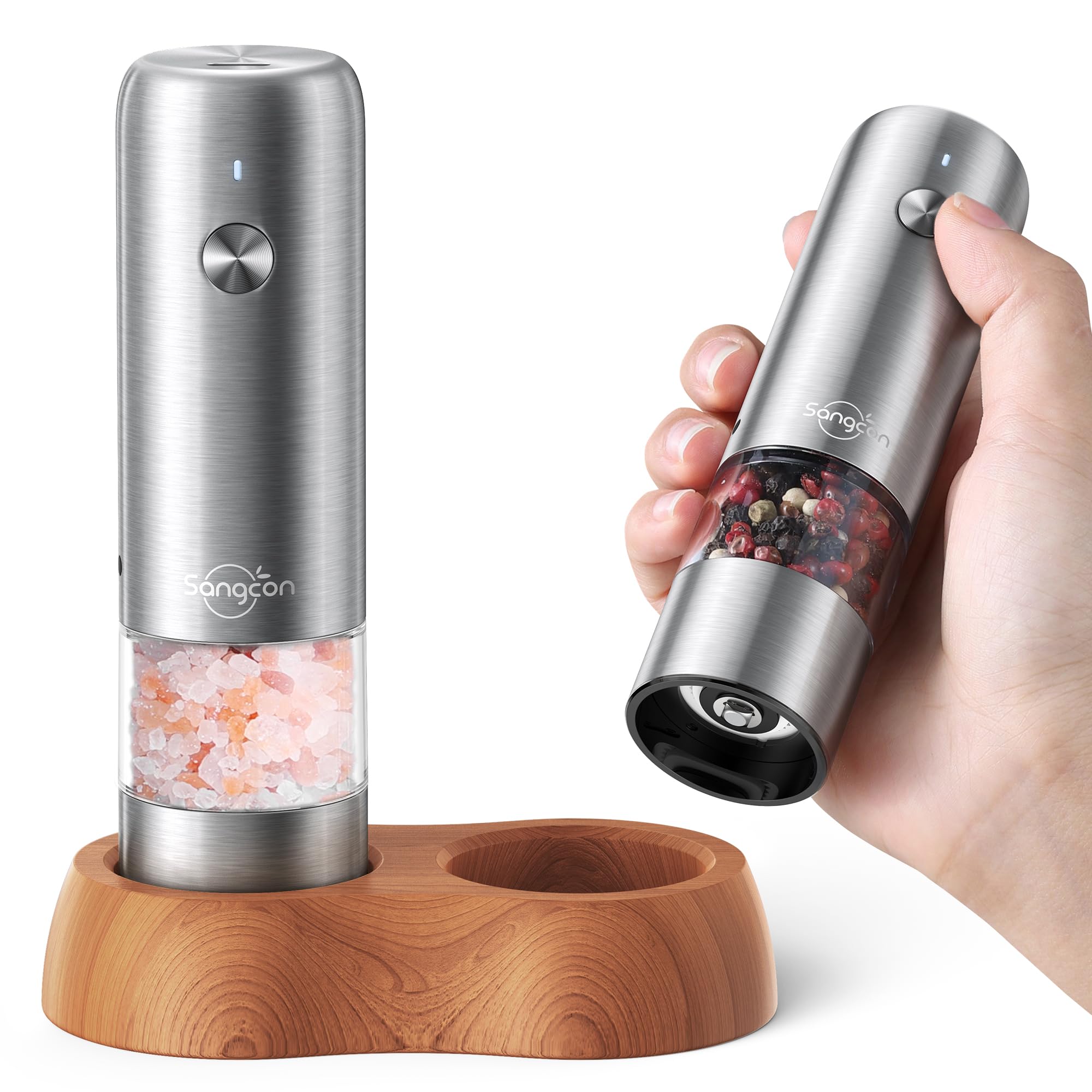 Sangcon Mini Electric Salt and Pepper Grinder Set with Wood Base ...