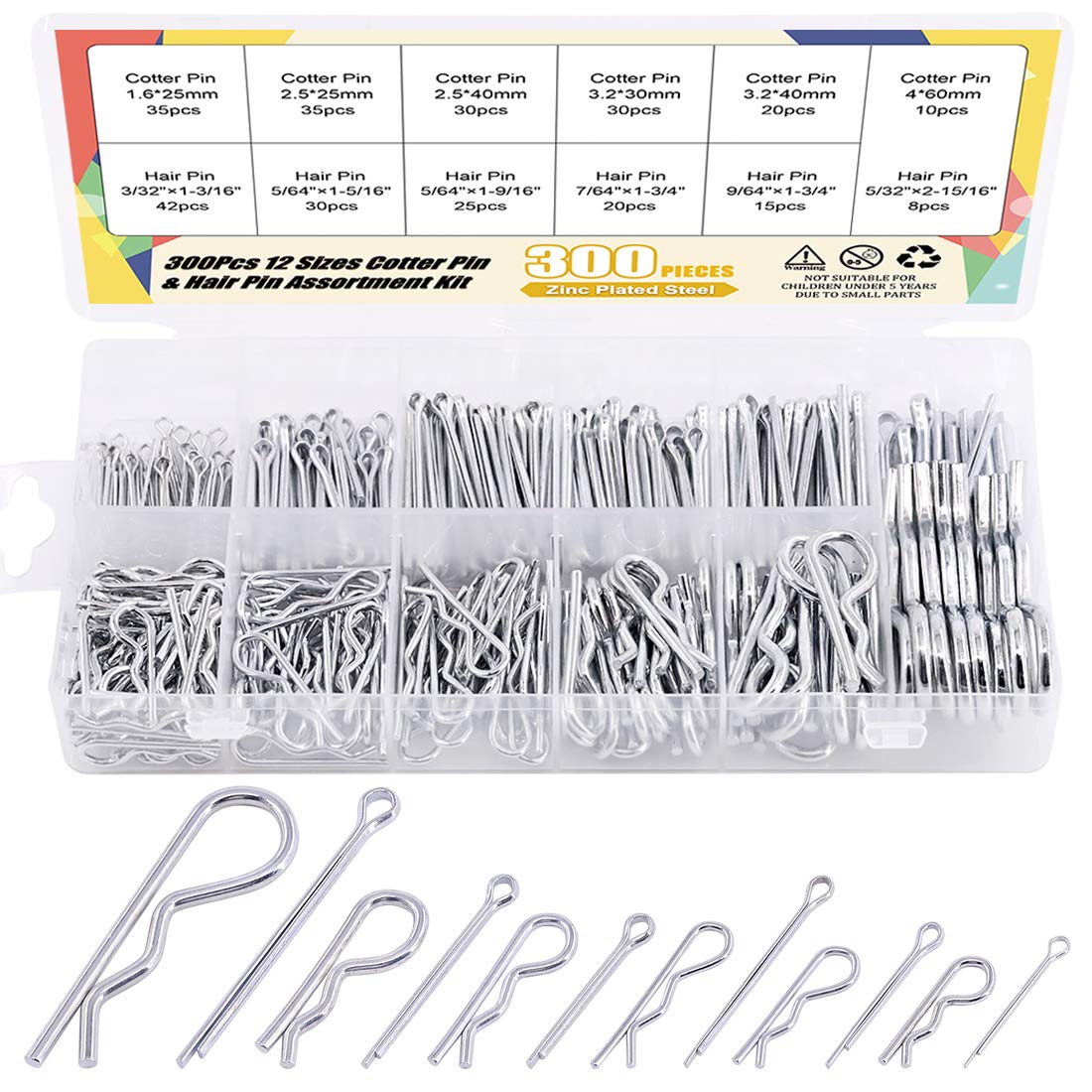 Amazon.com: Swpeet 300Pcs Zinc Plated Steel Cotter Pin Hair Pin Hitch ...
