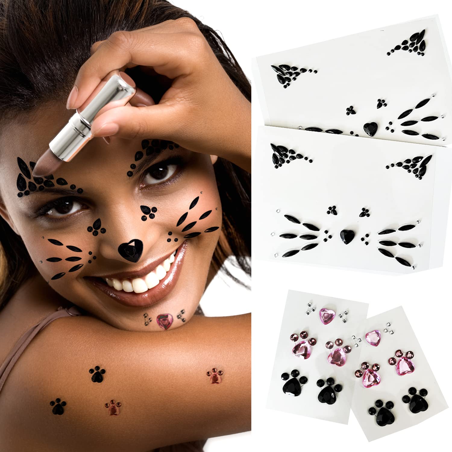 Amazon.com : Crystal Cat Face Jewels, Pink Cat Print Gems, 2-Sheet ...