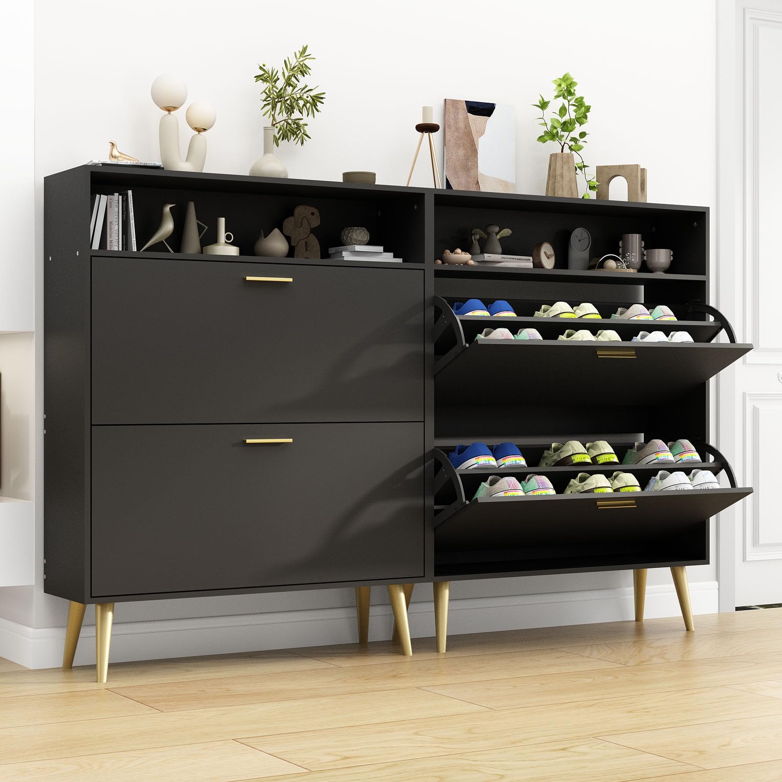 Amazon.com: NOVAMAISON Black Shoe Cabinet Set of 2 - Shoe Storage ...