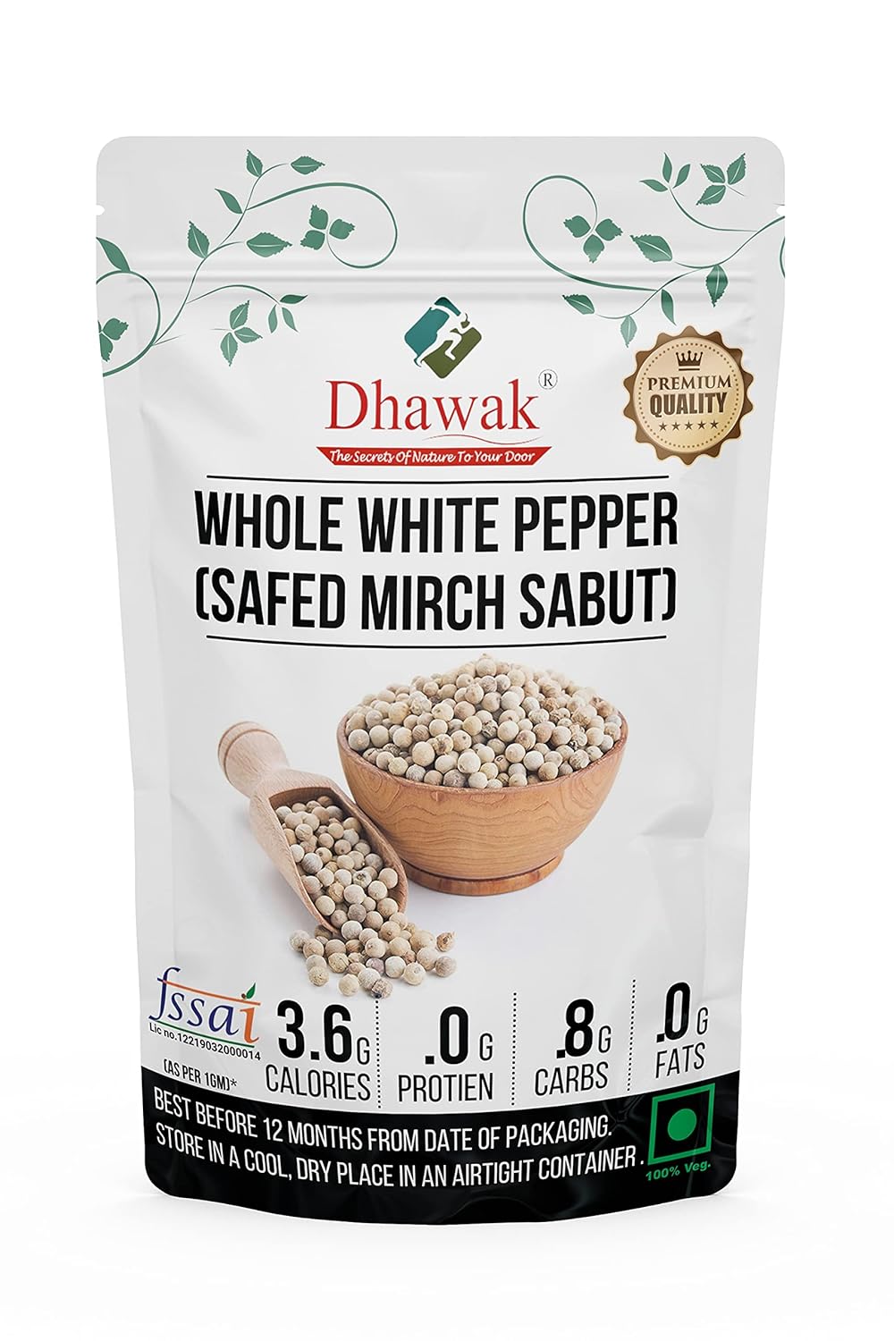 Dhawak Whole White Pepper | Safed Mirch Sabut - 100 Grams (Premium ...