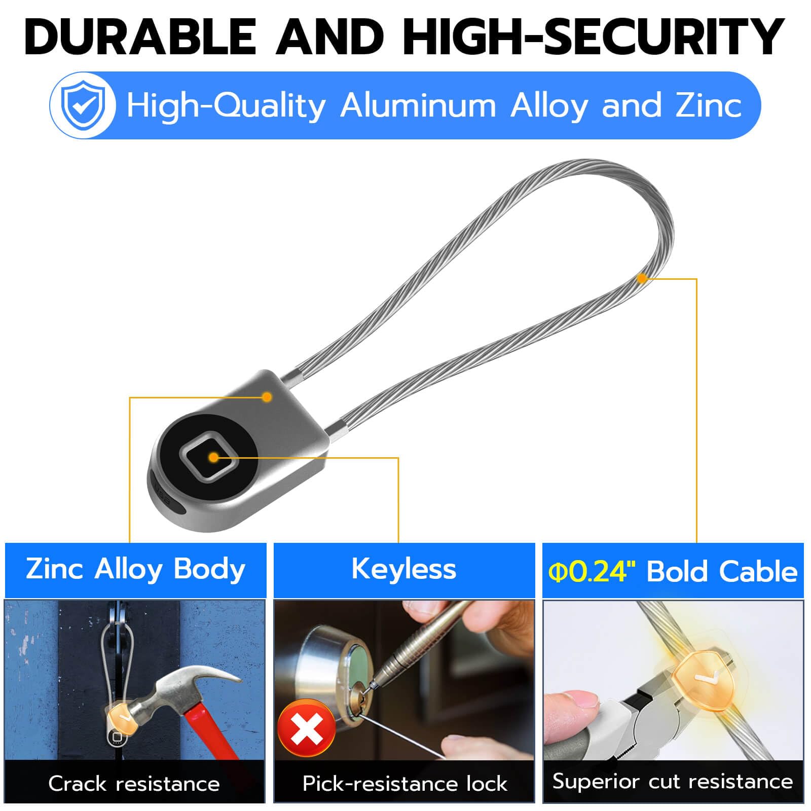 Snapklik.com : Anweller Fingerprint Cable Lock, 14" Long Shackle ...