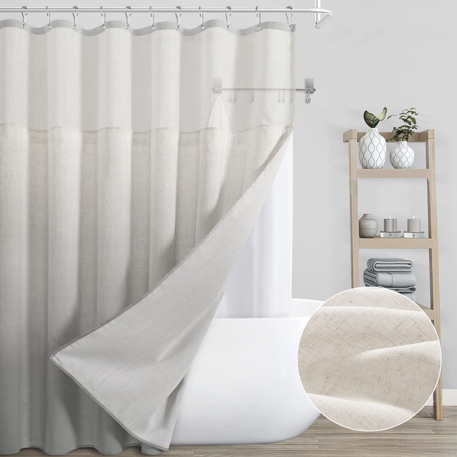 Amazon.com: BOODII Grey Tan Linen Shower Curtain Set with Top Sheer ...