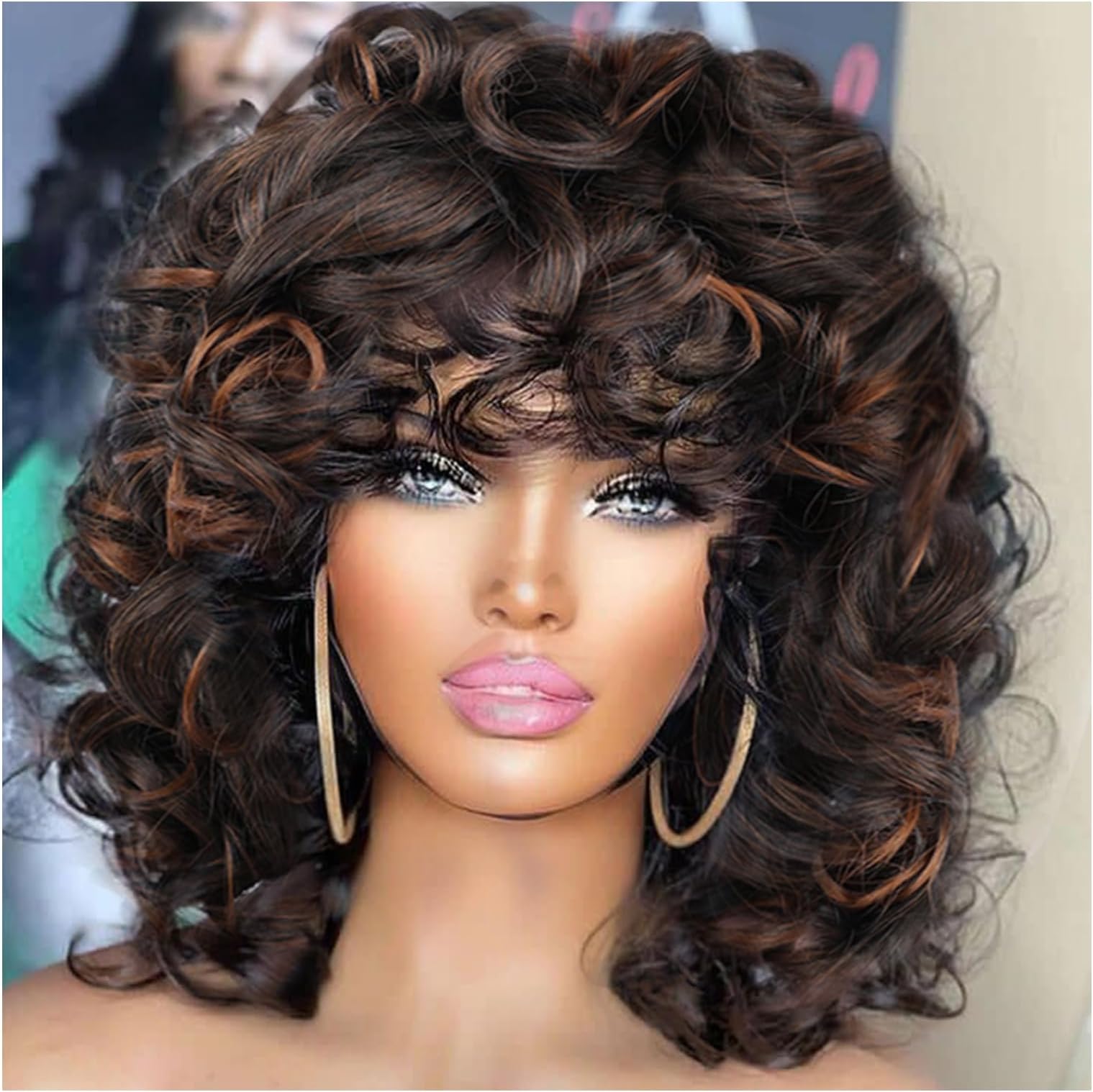 Amazon.com : Sirukou Hair Short Wavy Wig With Bangs Short Brown Wig ...