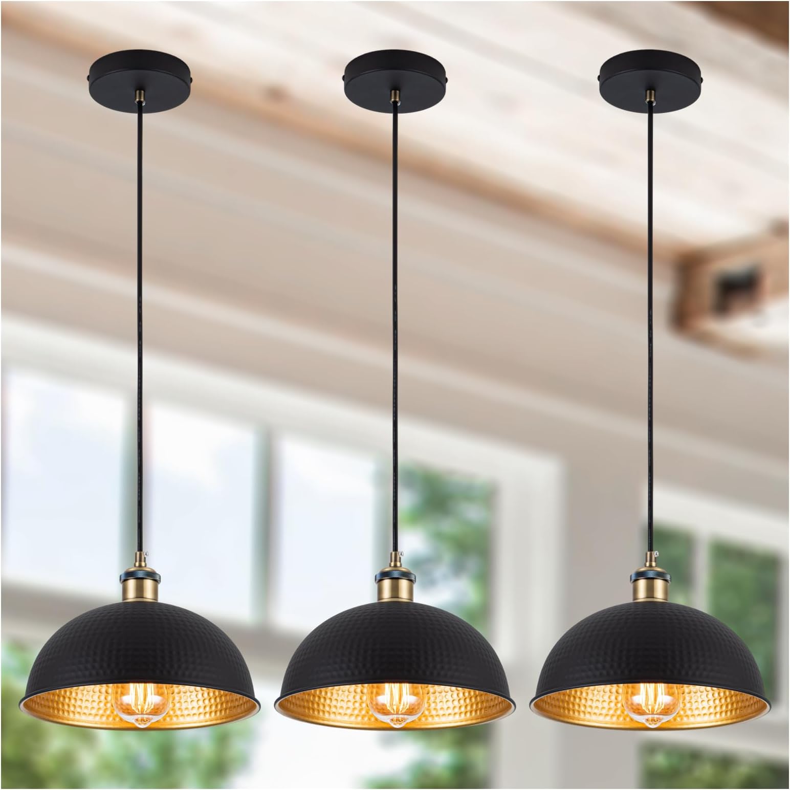 ElesiLuce Industrial Black Pendant Light with Golden Finish Vintage 10 ...