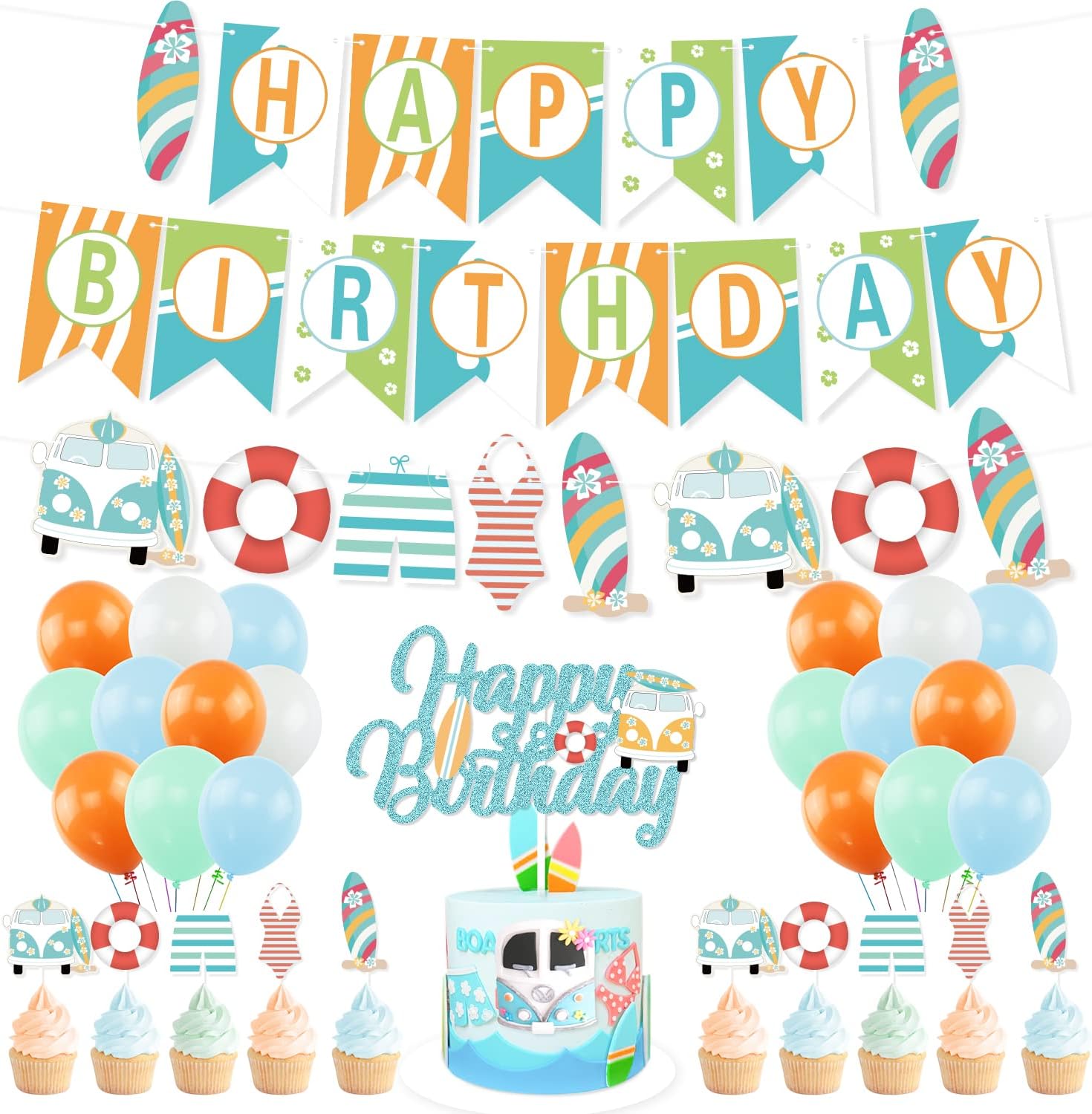 Amazon.com: Summer Surfing Birthday Party Decorations, Surfboard Banner ...
