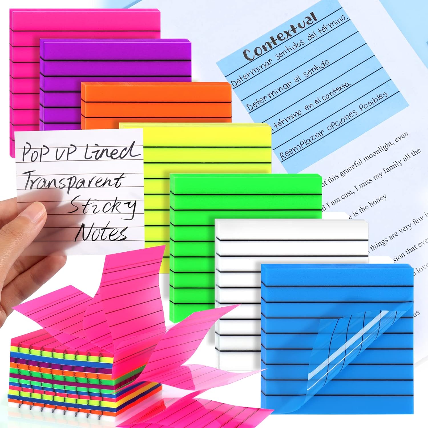 BABORUI 350 Sheets Pop Up Transparent Sticky Notes with Lines, 7 Pads ...